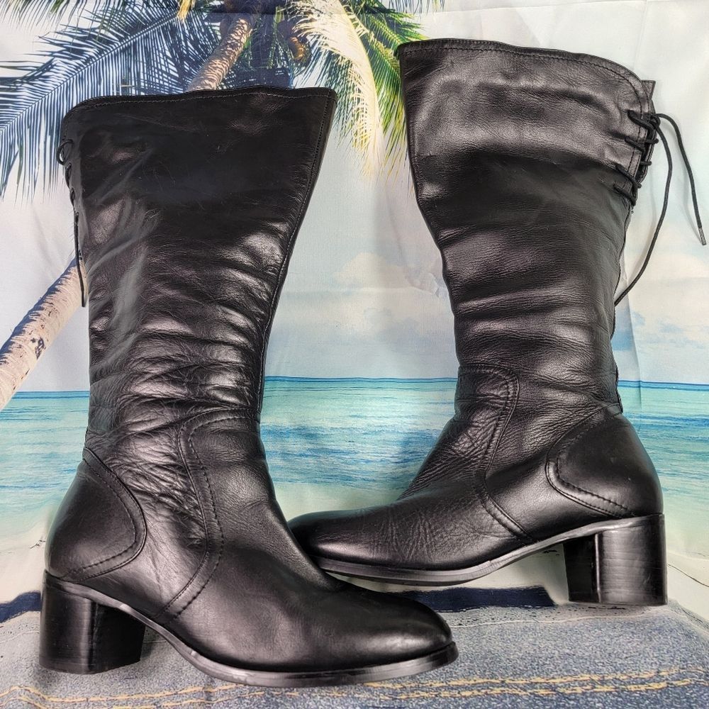 David Tate Black Leather Wide Calf Boot Zip-Up 11 Wide - Gem